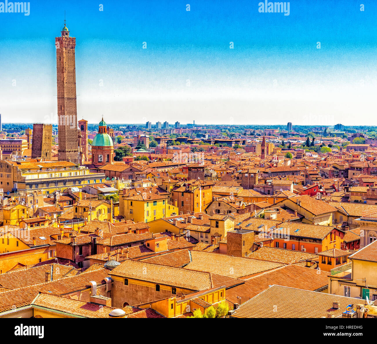 Aerial panoramic cityscape of Bologna, Italy, above rooftops of typical ...
