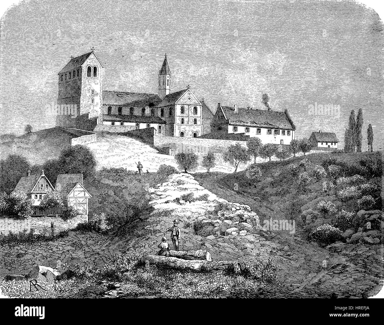 Monastery Petersberg near Halle an der Saale, Germany, reproduction of ...