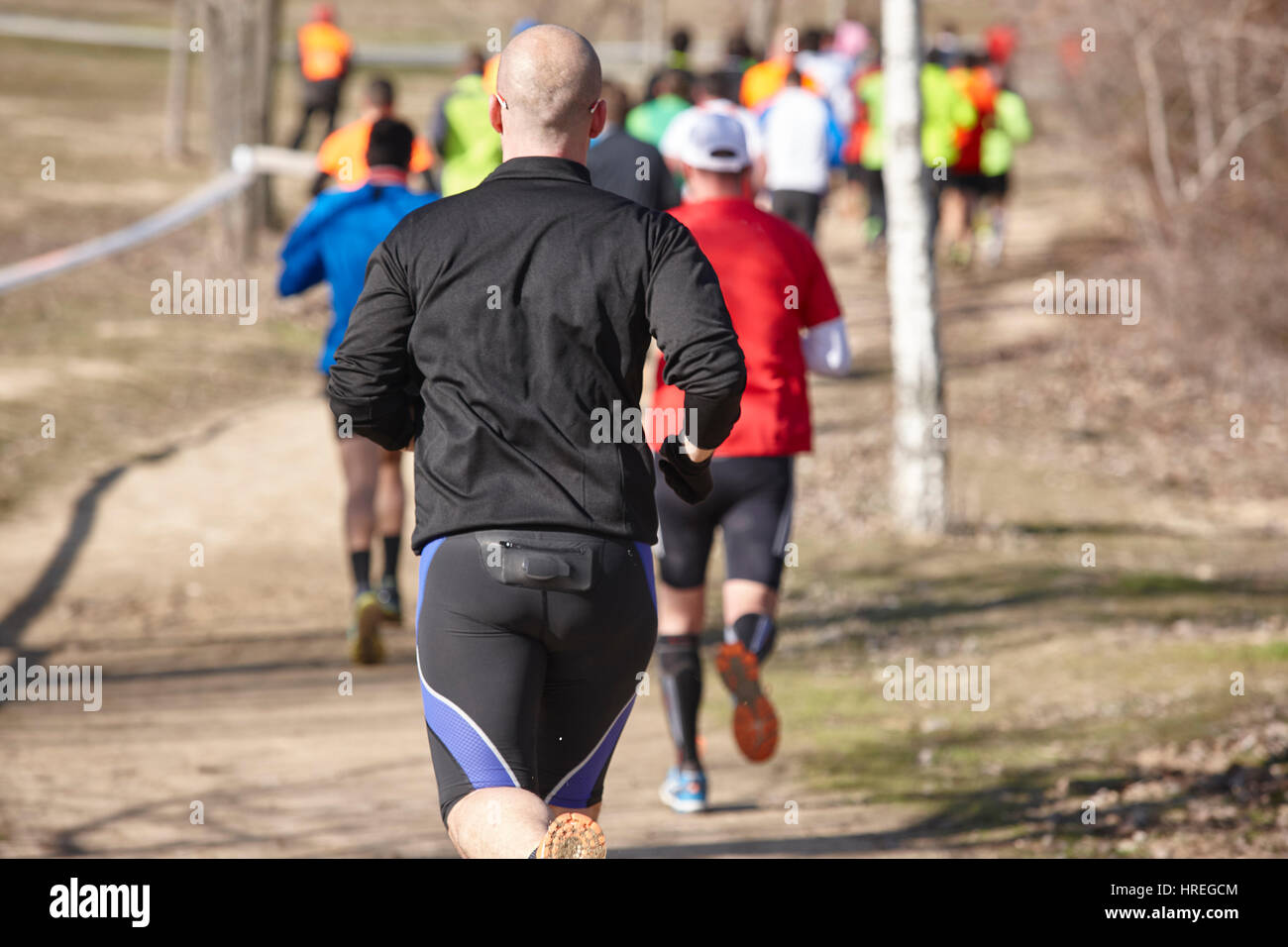 Group of runners on a cross country race. Outdoor circuit. Horizontal ...