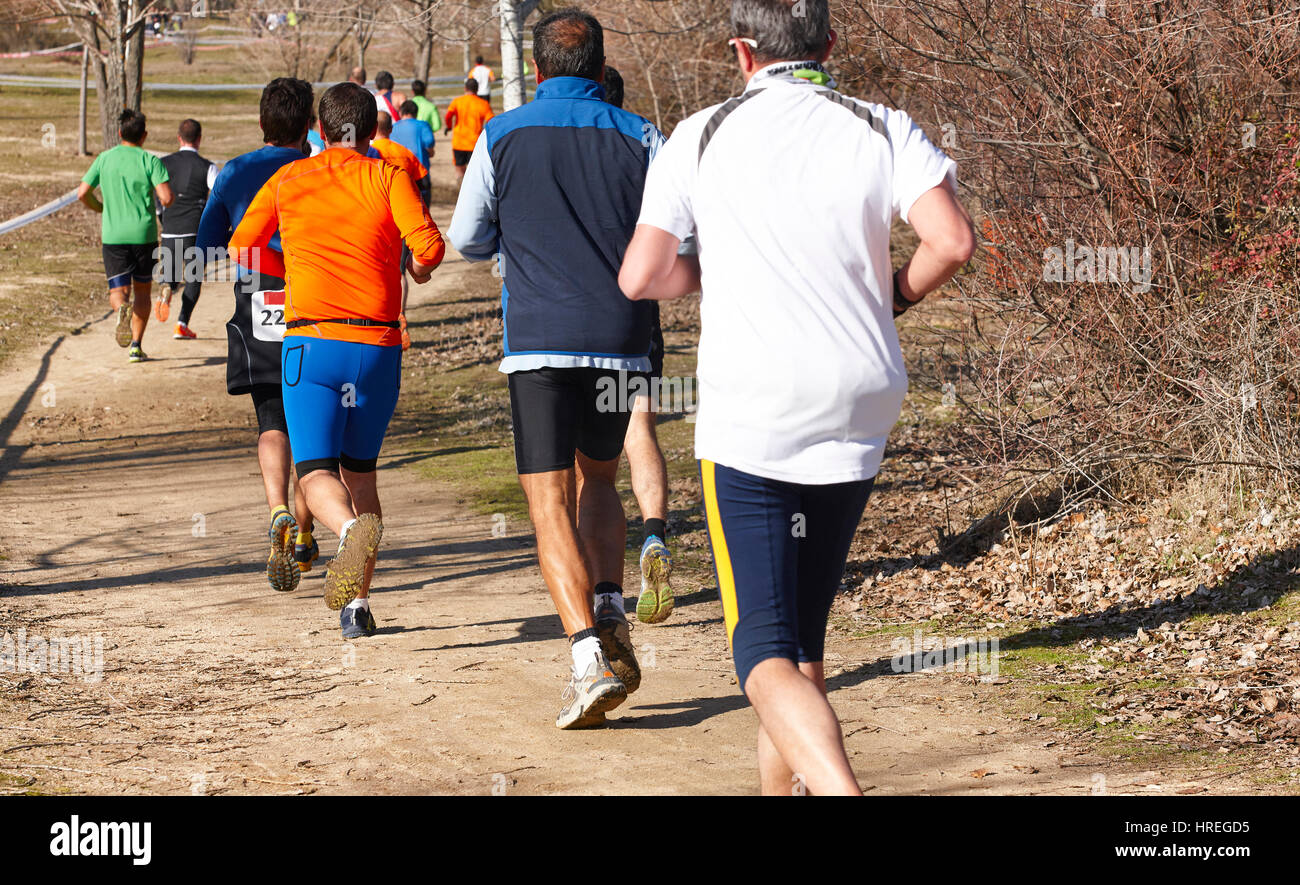 Male athletic runners on a cross country race. Outdoor circuit ...