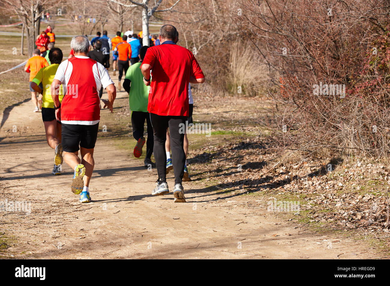 Male athletic runners on a cross country race. Outdoor circuit ...