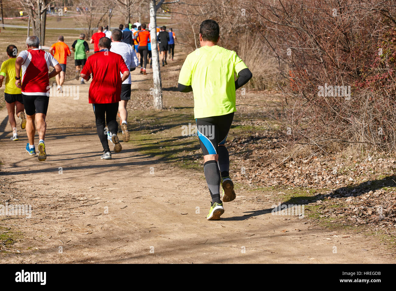 Male athletic runners on a cross country race. Outdoor circuit ...