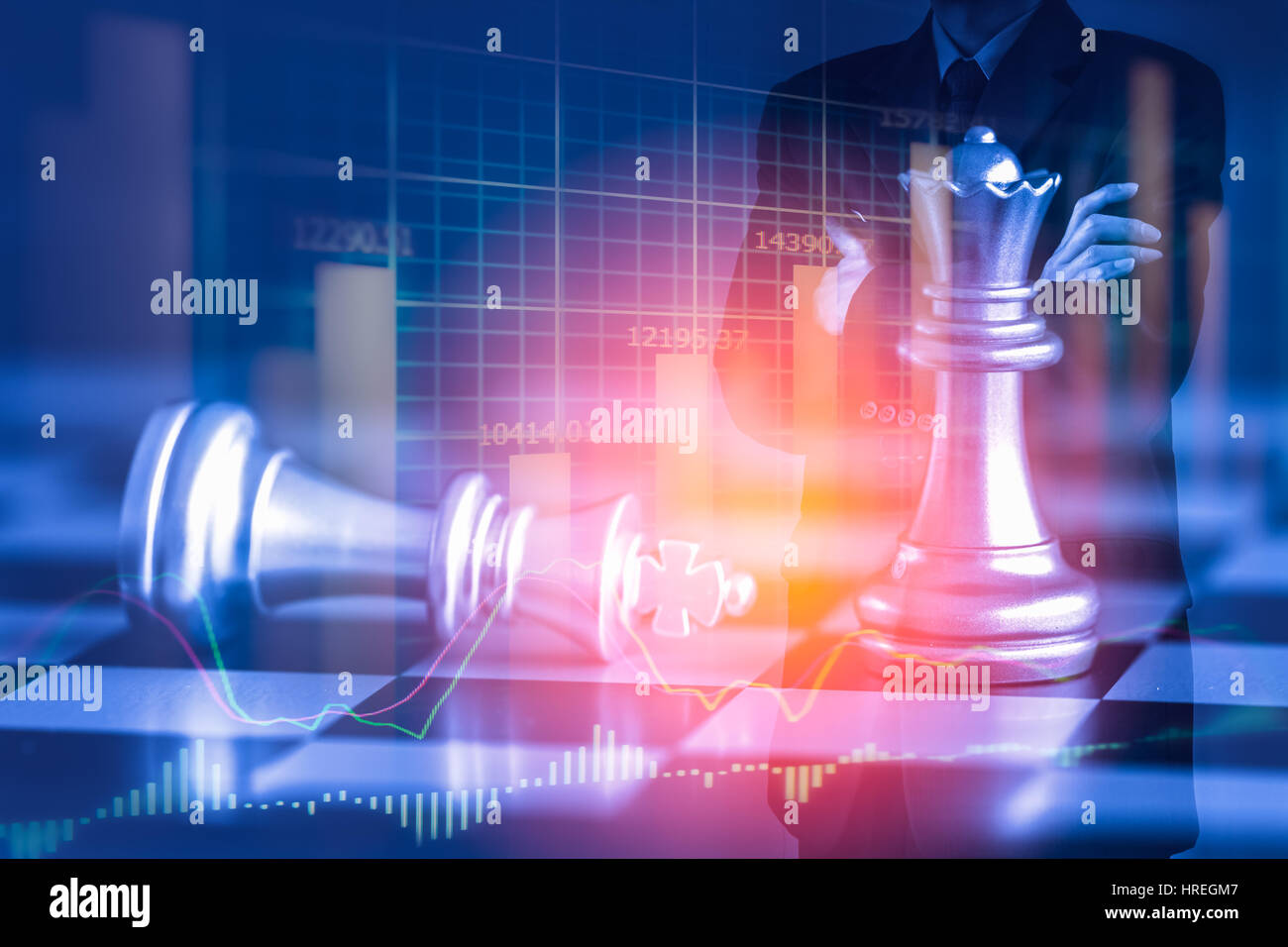 Business man on digital stock market financial and chess background ...
