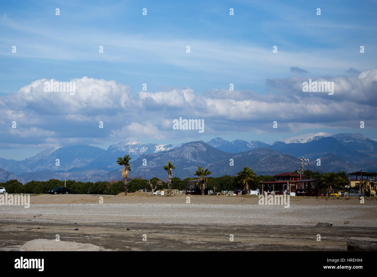Landscape of small mediterranean town Gazipasha with rock ribbed beach ...