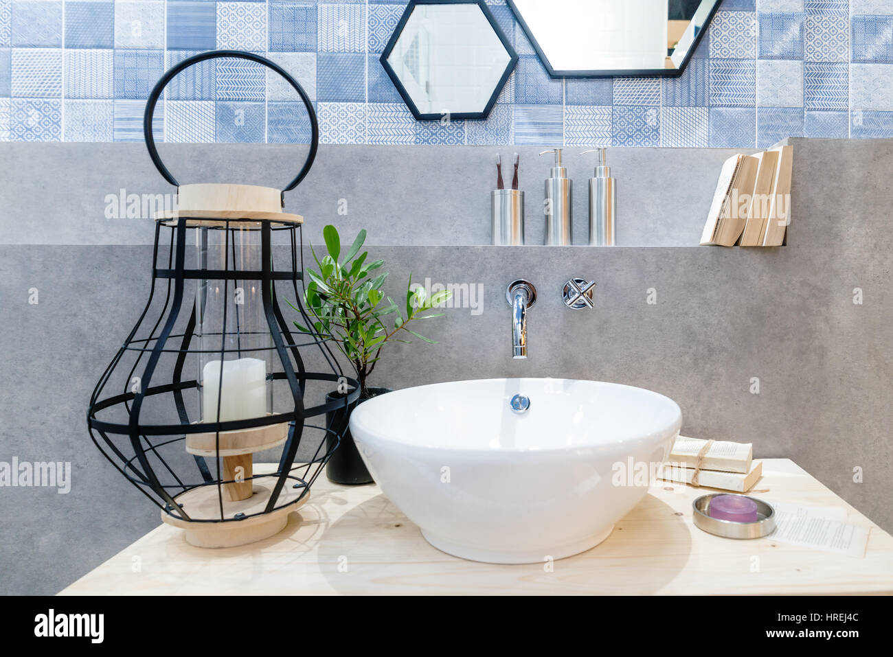 Interior of bathroom with sink basin faucet and mirror. Modern design ...