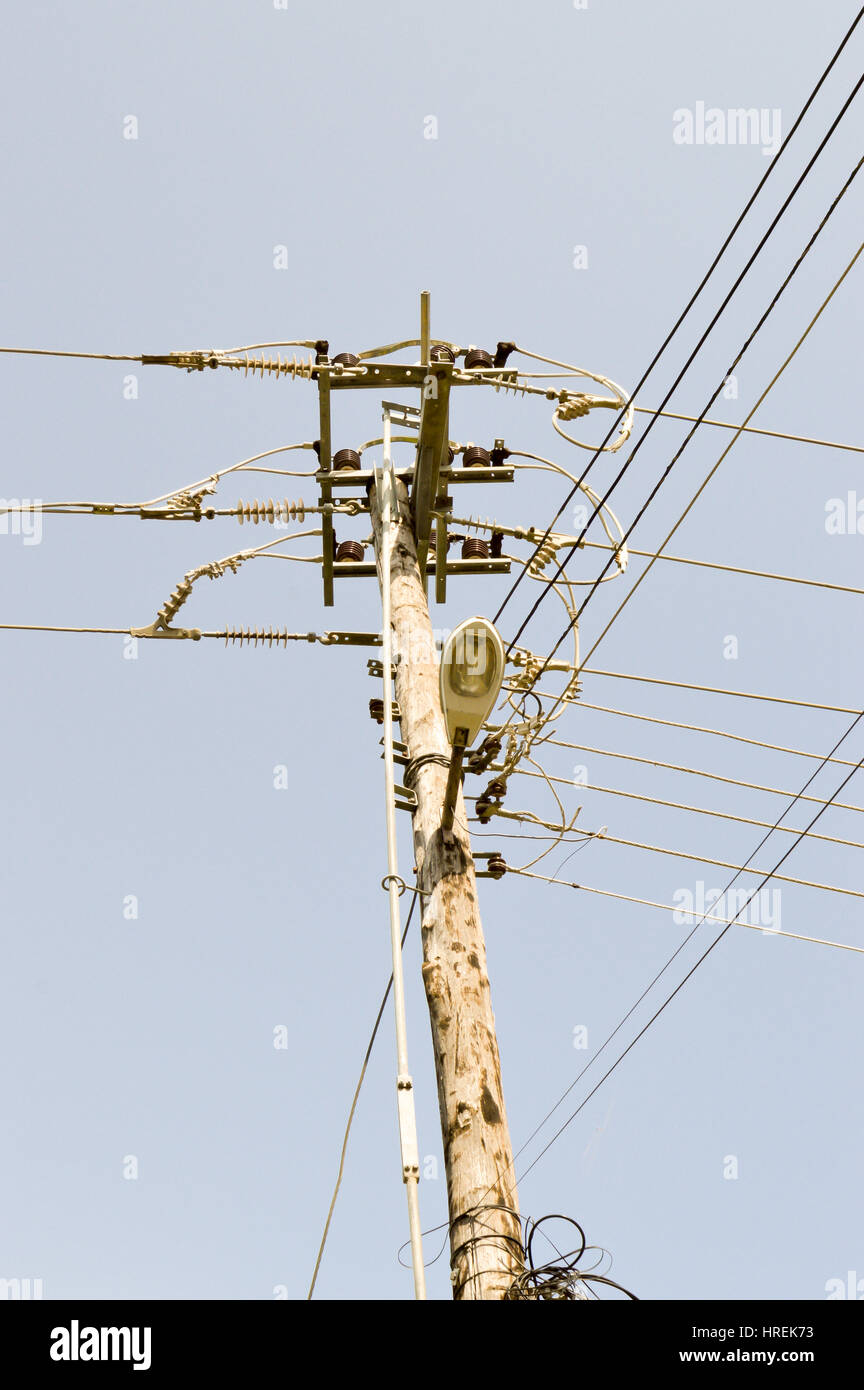 Electric pole with cables and street lighting Stock Photo - Alamy