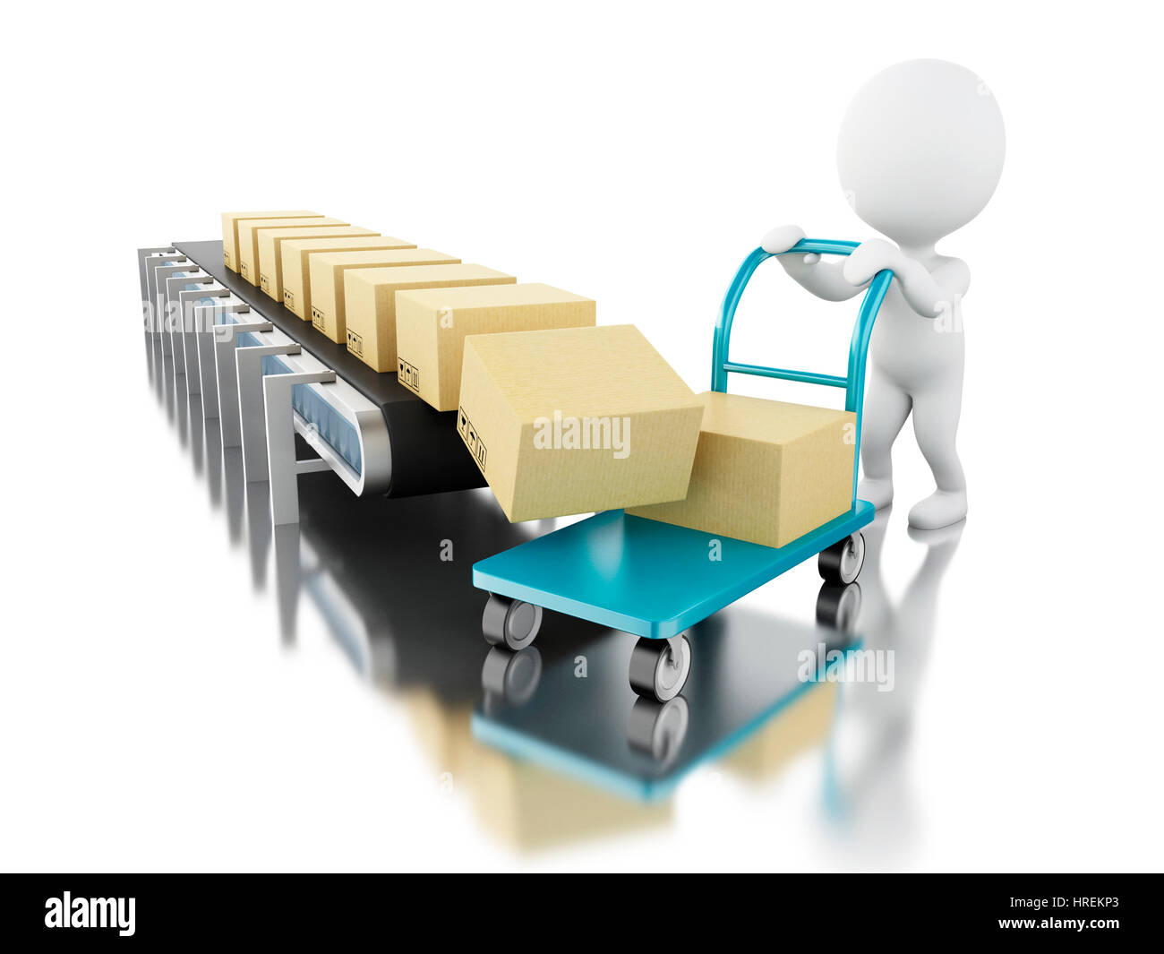 3d renderer image. White people with cardboard boxes and conveyor belt ...