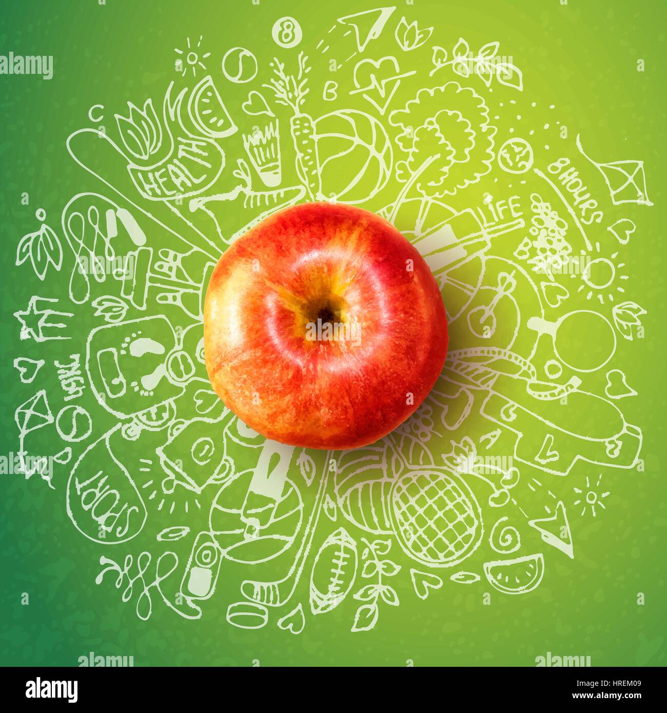 Healthy Lifestyle Concept With Apple And Doodles Stock Vector Image