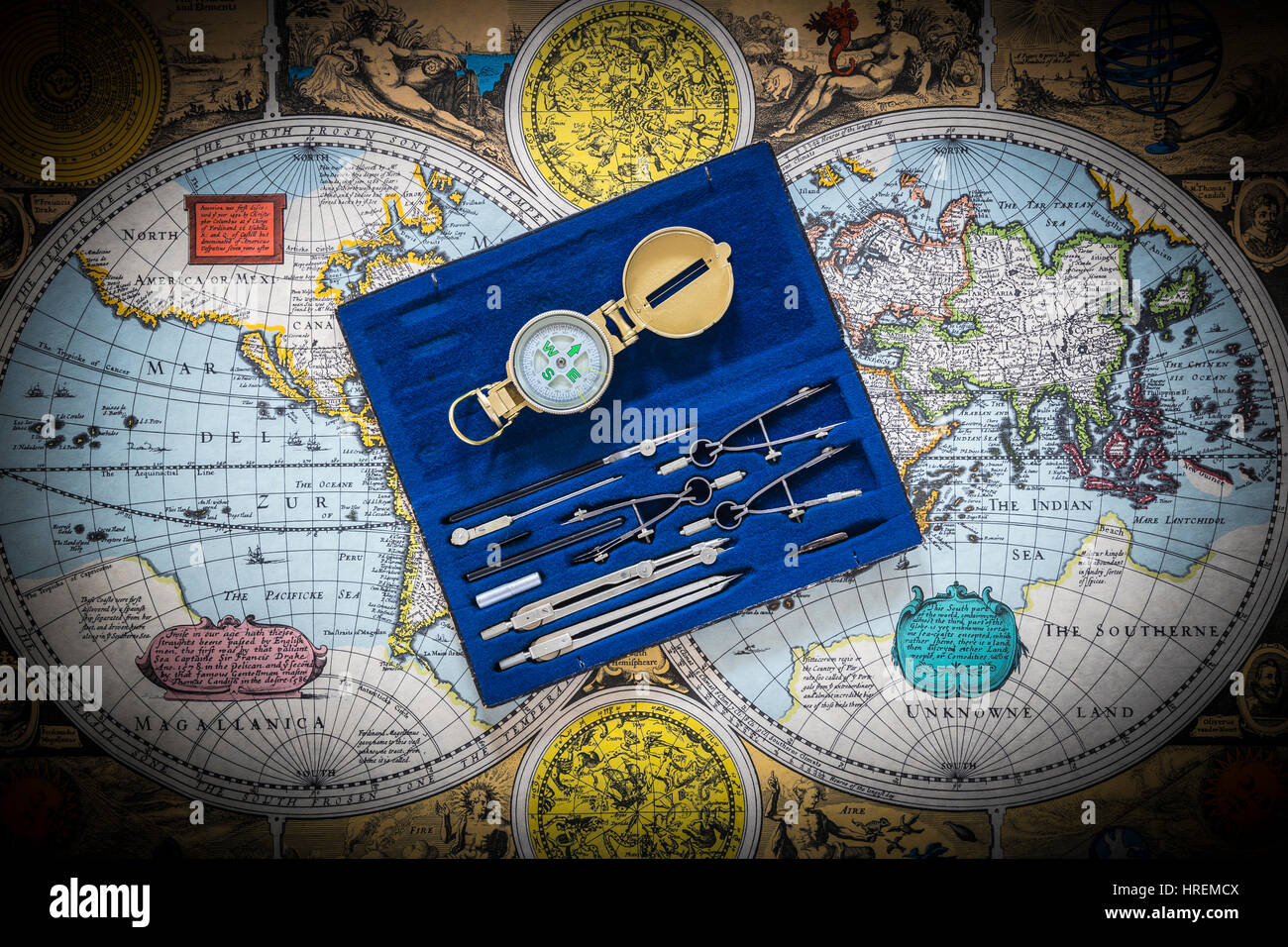 compass and antique drafting instruments on ancient world map Stock ...