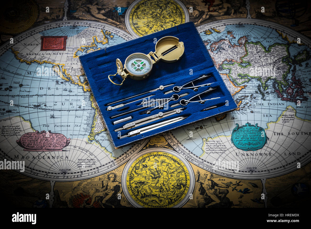 compass and antique drafting instruments on ancient world map Stock ...