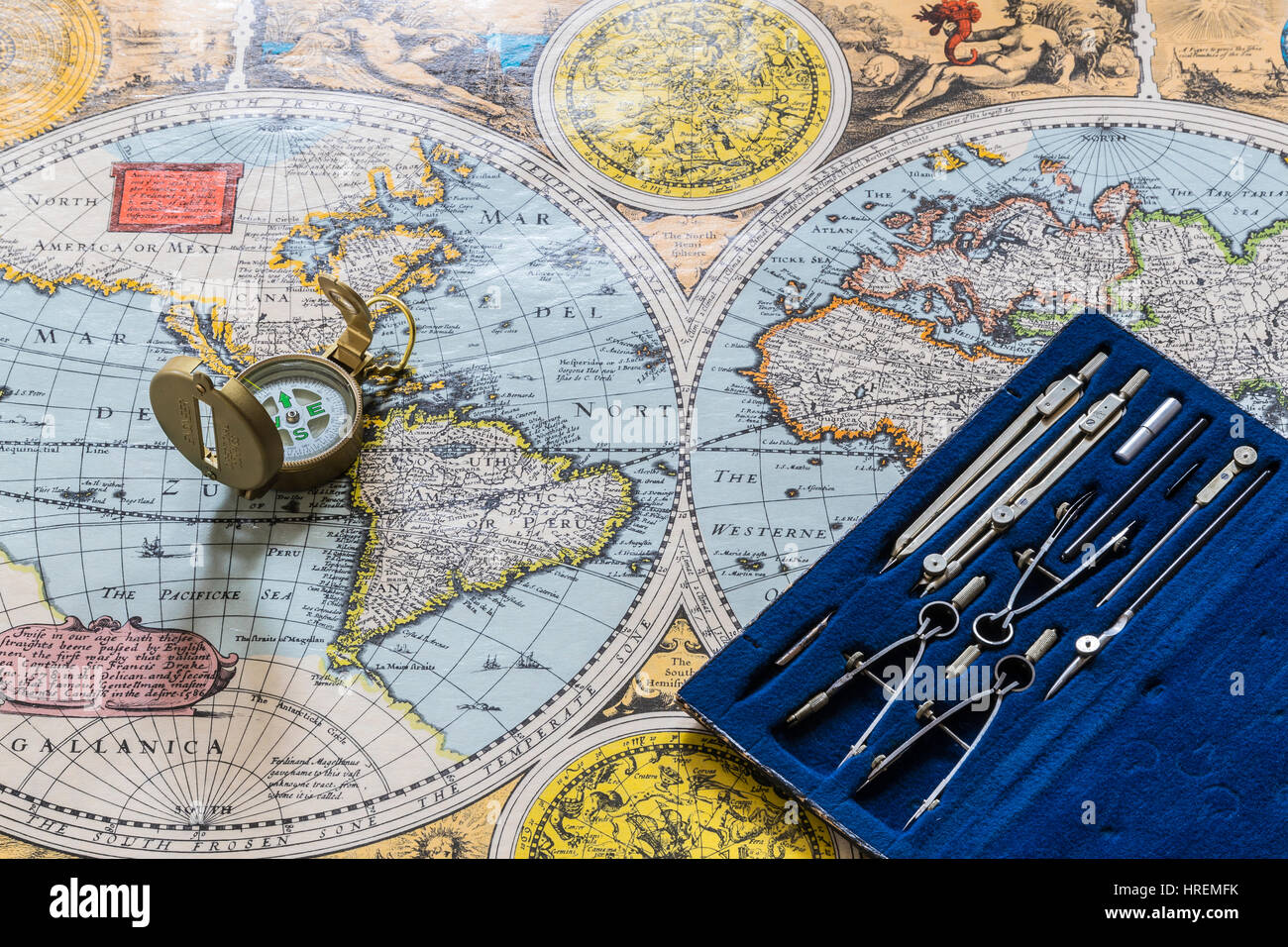compass and antique drafting instruments on ancient world map Stock ...