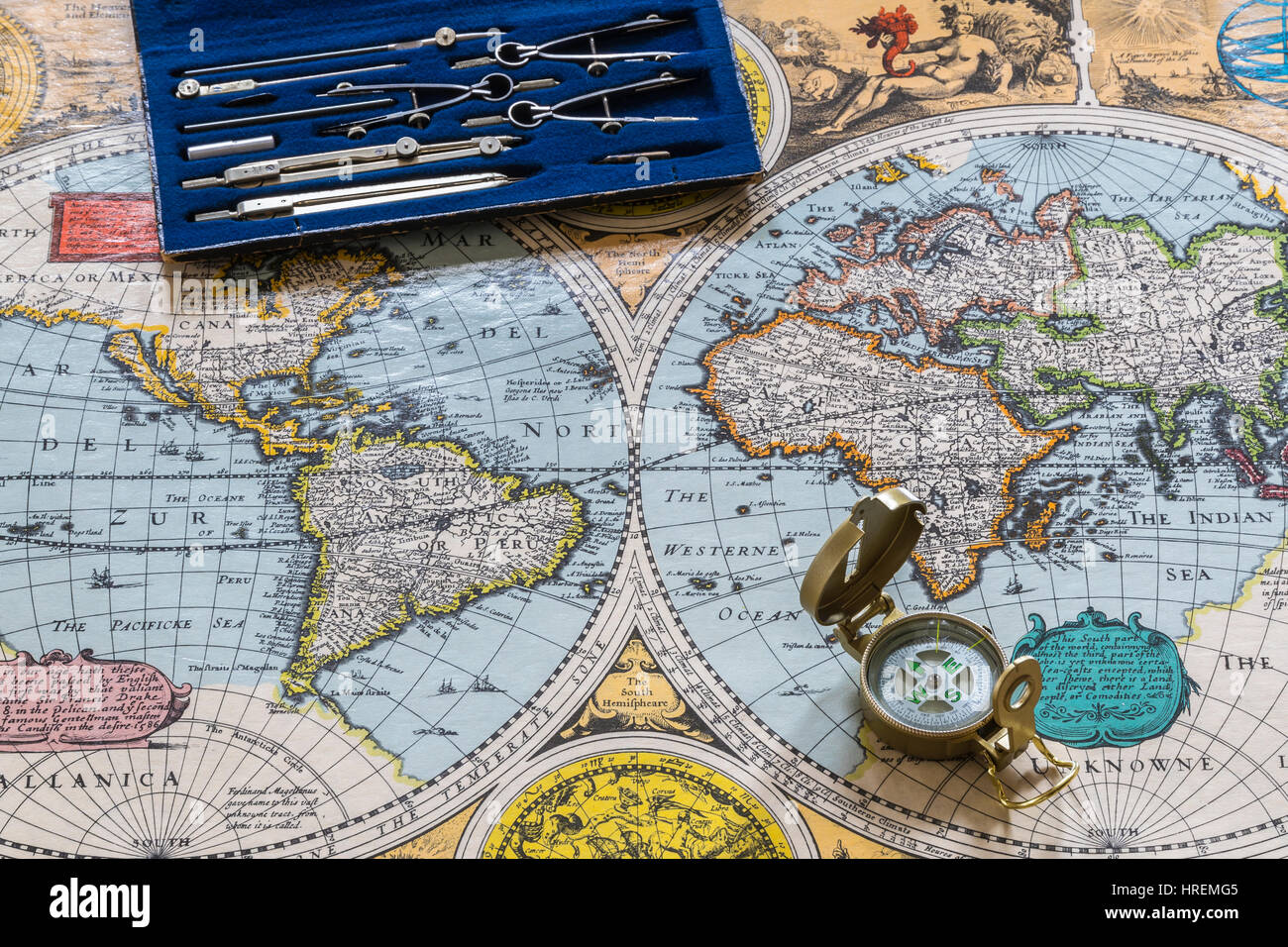 compass and antique drafting instruments on ancient world map Stock ...