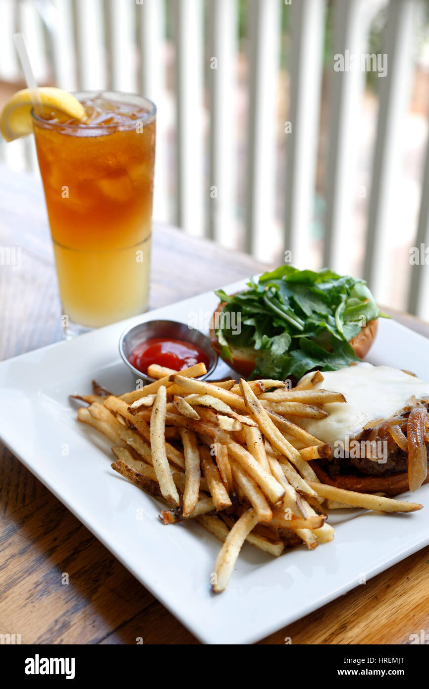 Bison Bistro Burger and fries with Rainforest Iced Tea, Dining Hall ...