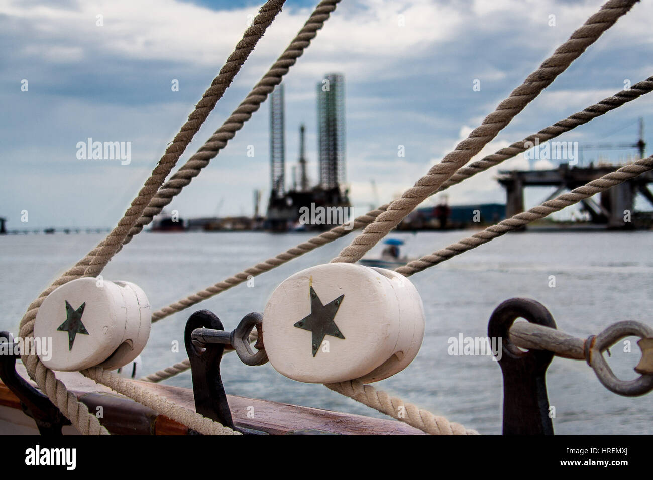 Ropes on the ship The Elissa in Galveston Texas Stock Photo - Alamy