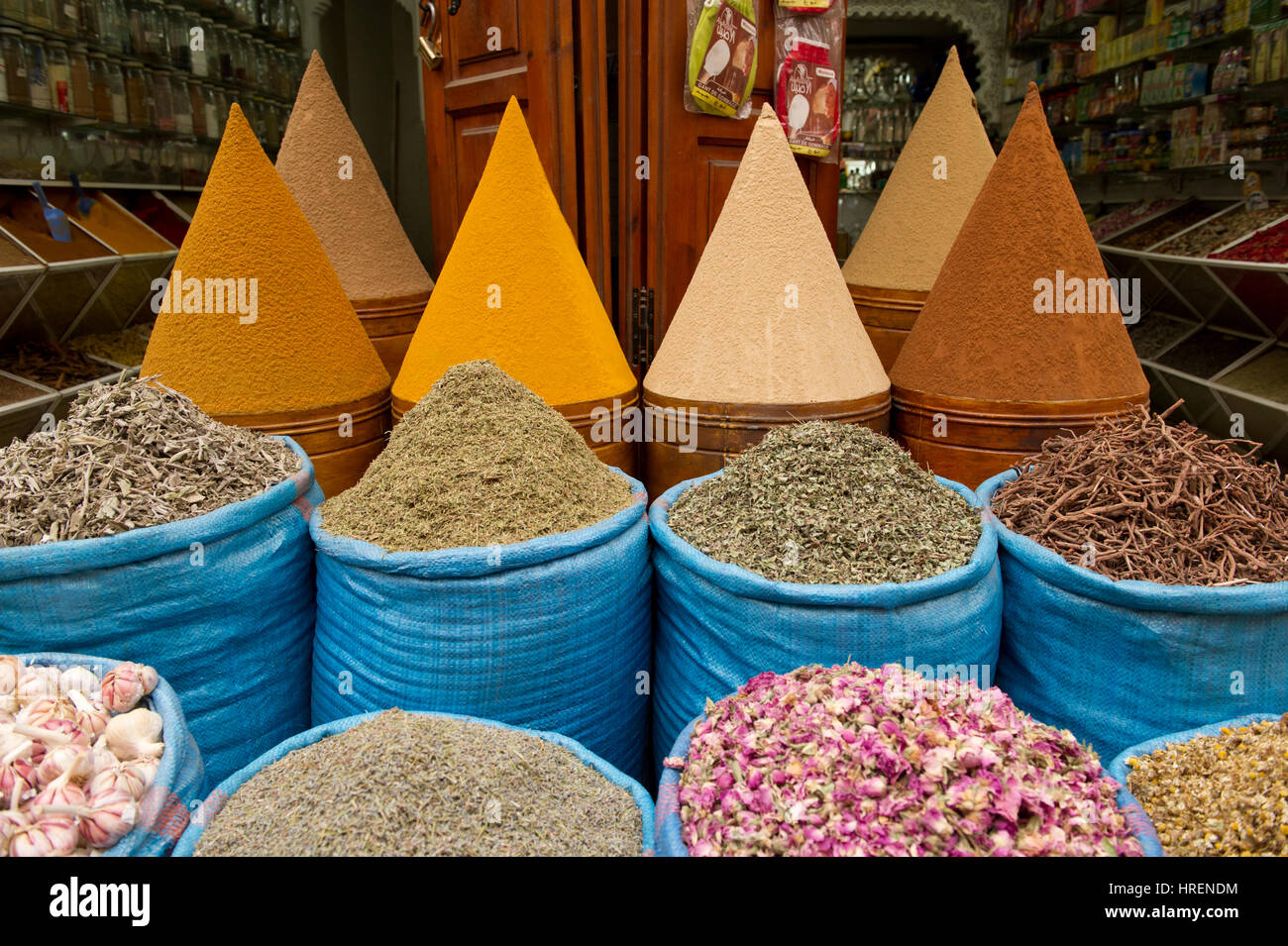 A display of spices in the markets of the Mellah in the Jewish Quarter ...