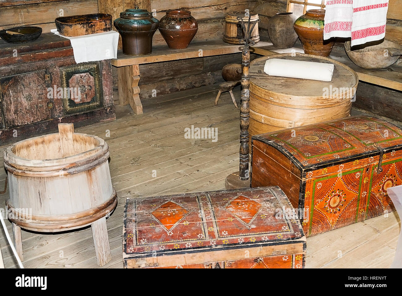 Room in a wooden house, farmer Stock Photo - Alamy