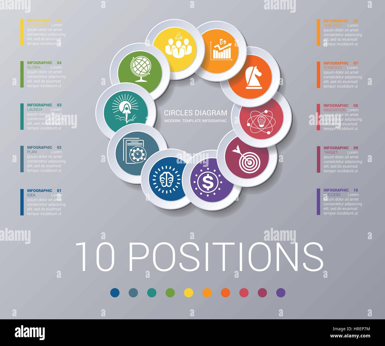 Circles diagram, data Elements For Template infographics 10 positions. Coloured circles are ...