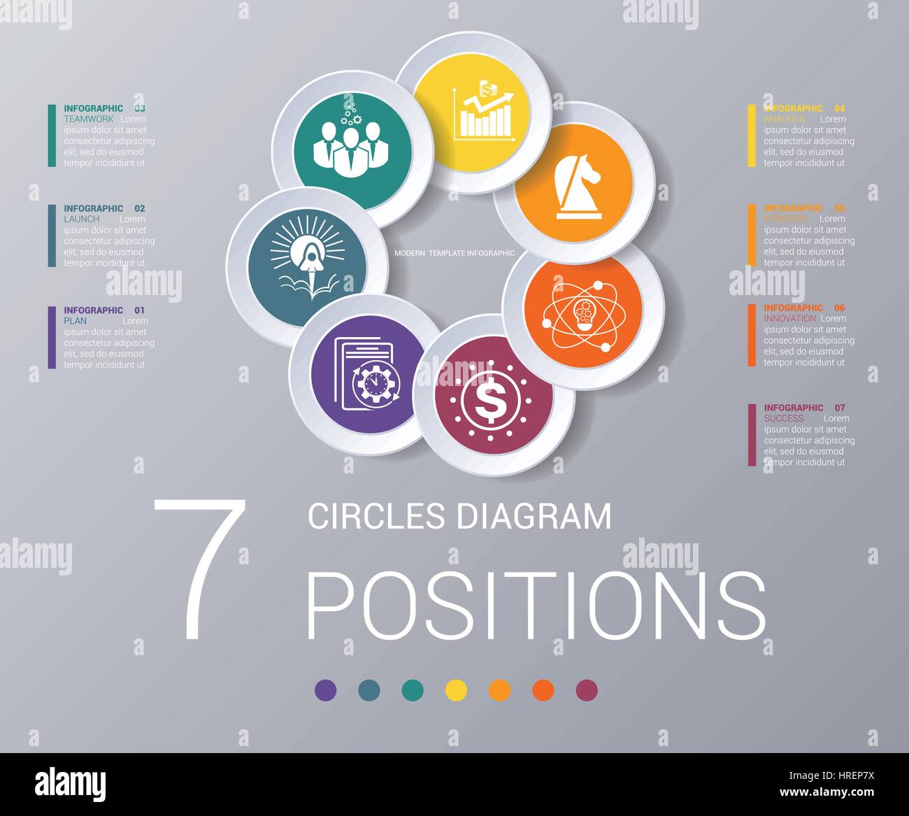 Circles diagram, data Elements For Template infographics 7 positions. Coloured circles are ...