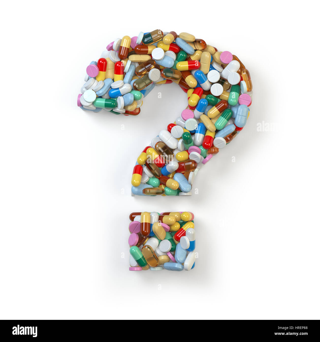 Question mark from red pills and capsules on white background. Medical ...
