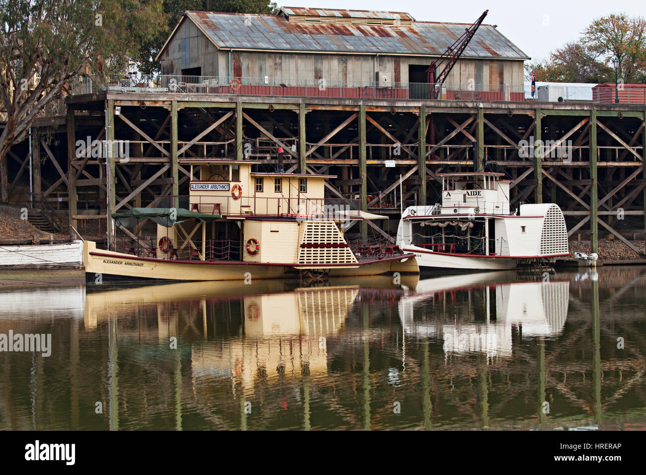 Old Paddlesteamers alongside the historic Port of Echuca Wharf,located ...