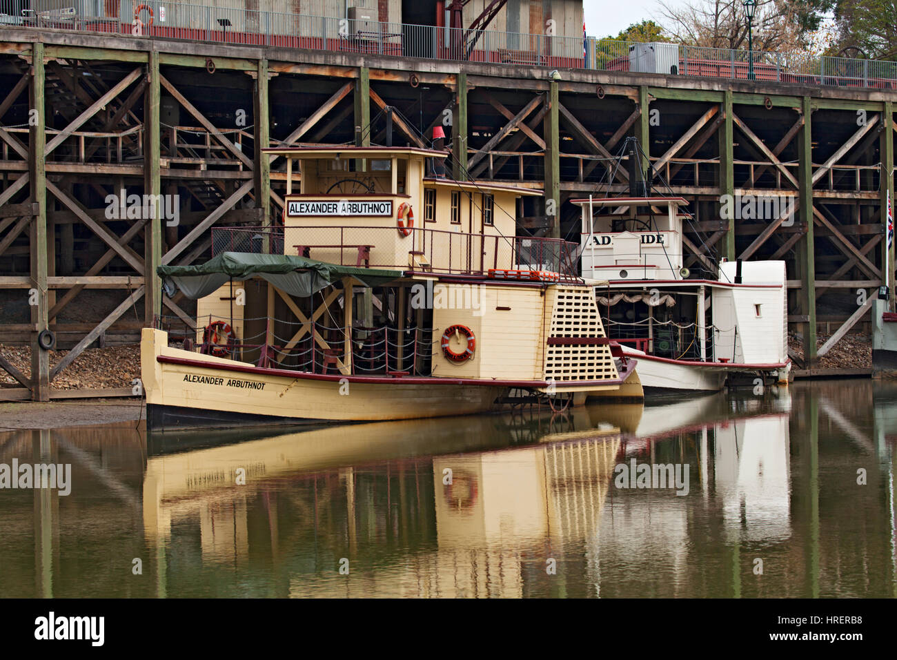 Old Paddlesteamers alongside the historic Port of Echuca Wharf,located ...