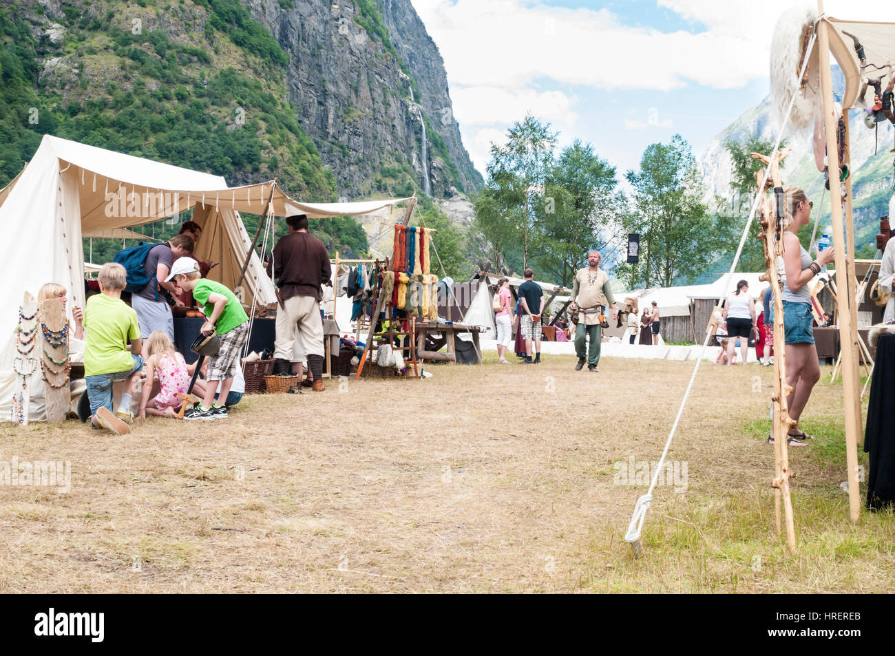Gudvangen Viking Market, Norway. Tourists browse the traditional crafts ...