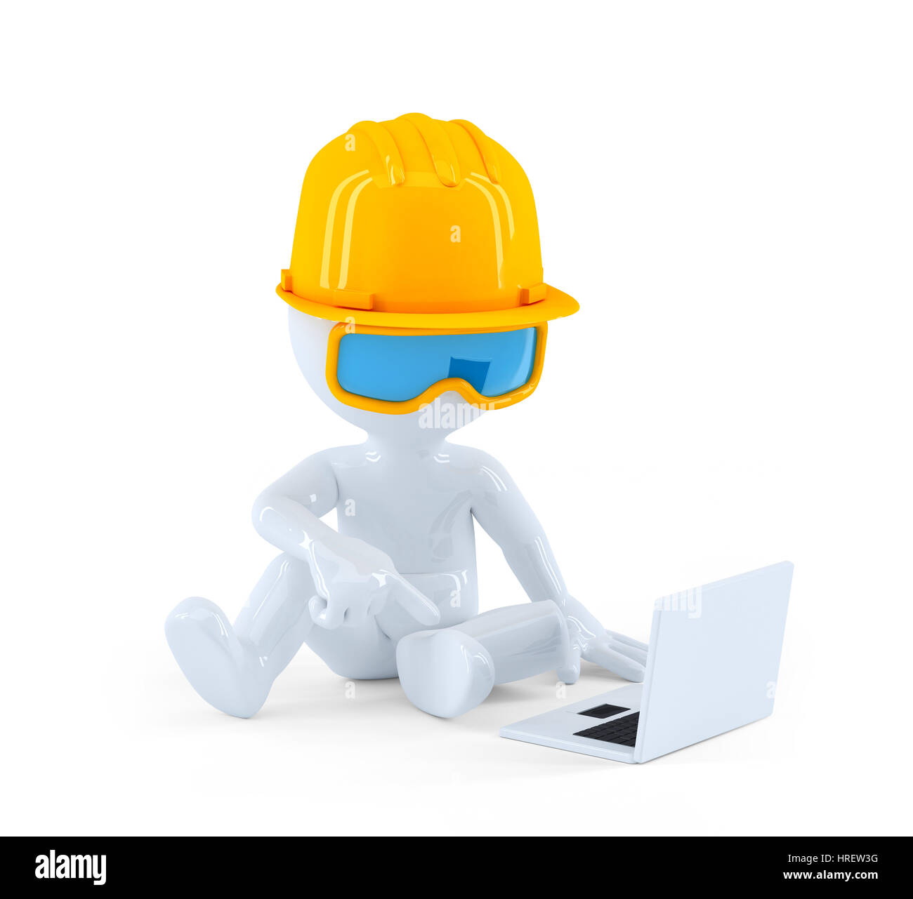 Construction worker using laptop computer. Isolated over white ...