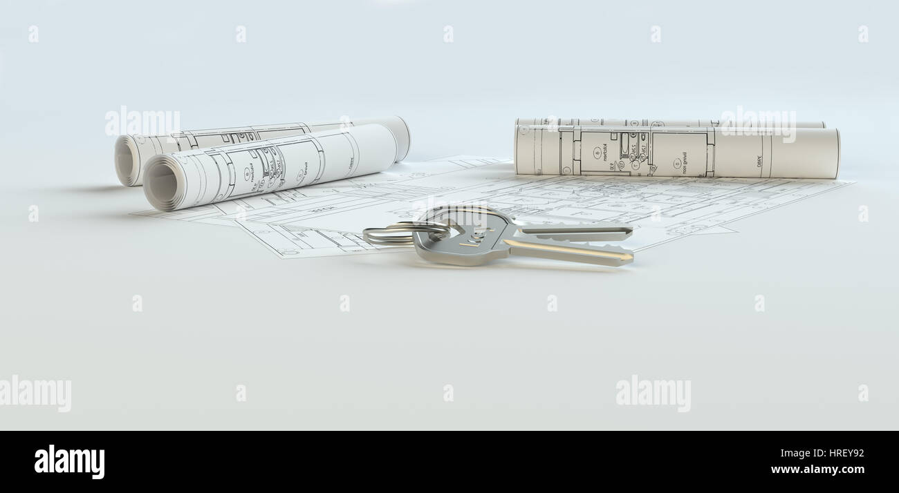 Architecture and real estate concept: House key on house plan. 3D ...