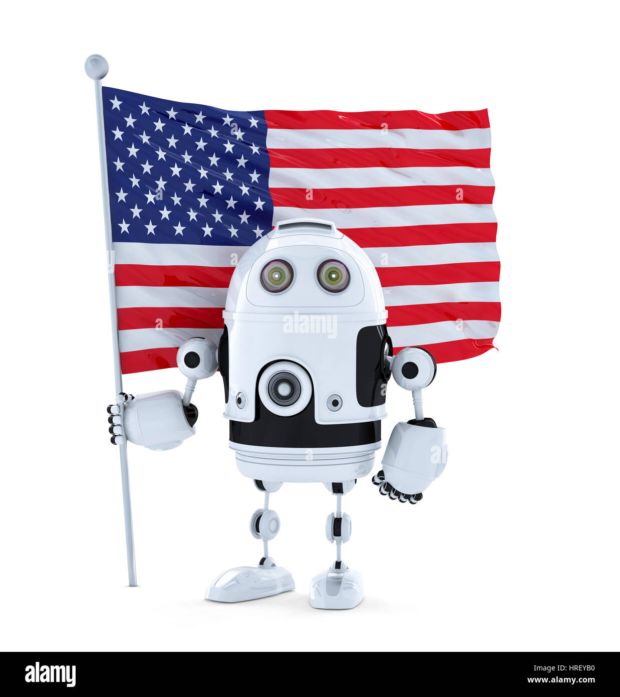 Android Robot with standing American flag. Isolated on white Stock ...