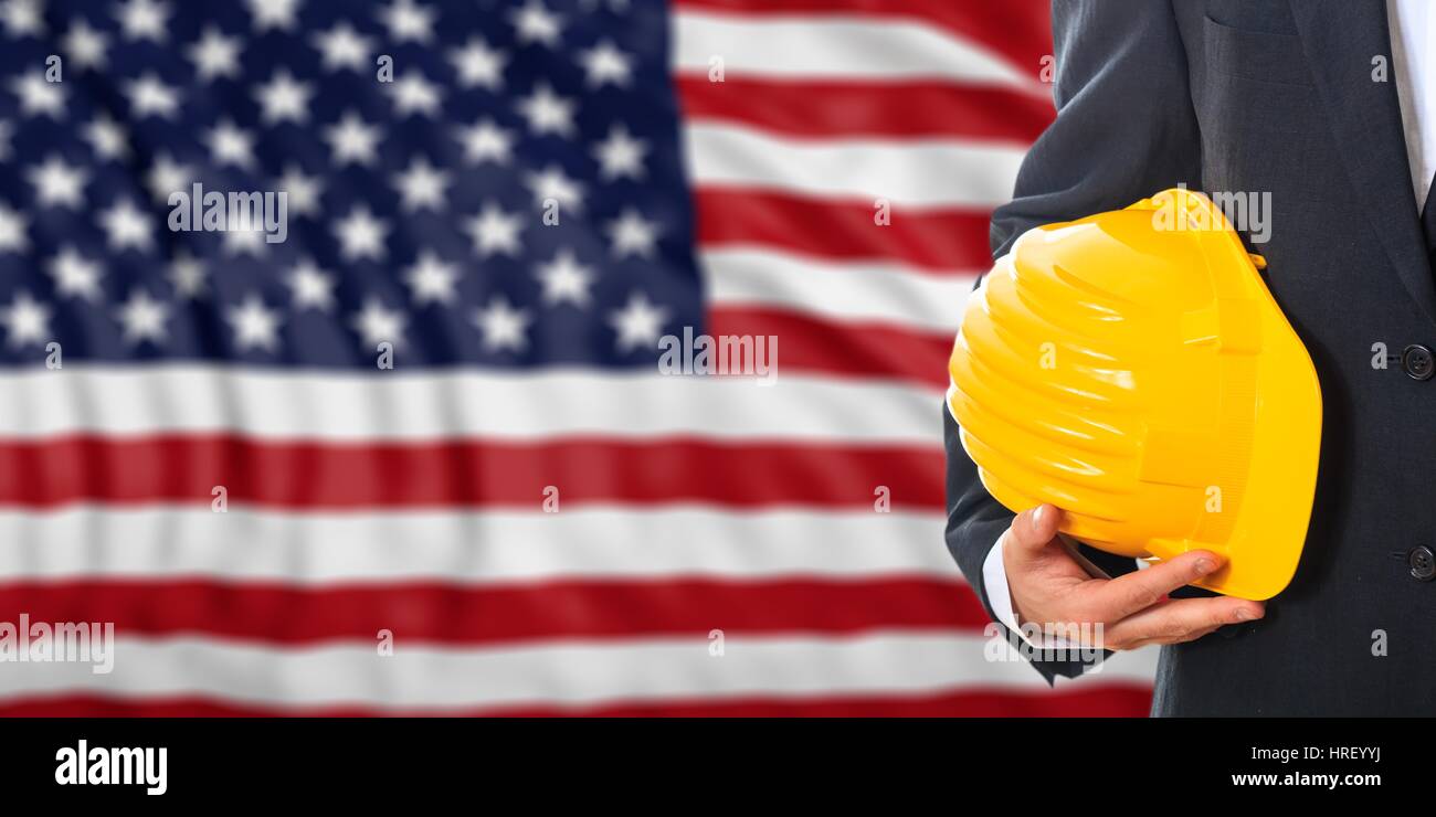 Engineer on a waiving United States of America flag background. 3d ...