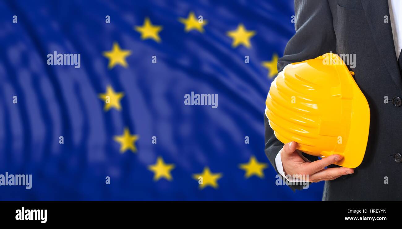 Engineer on a waiving European Union flag background. 3d illustration ...