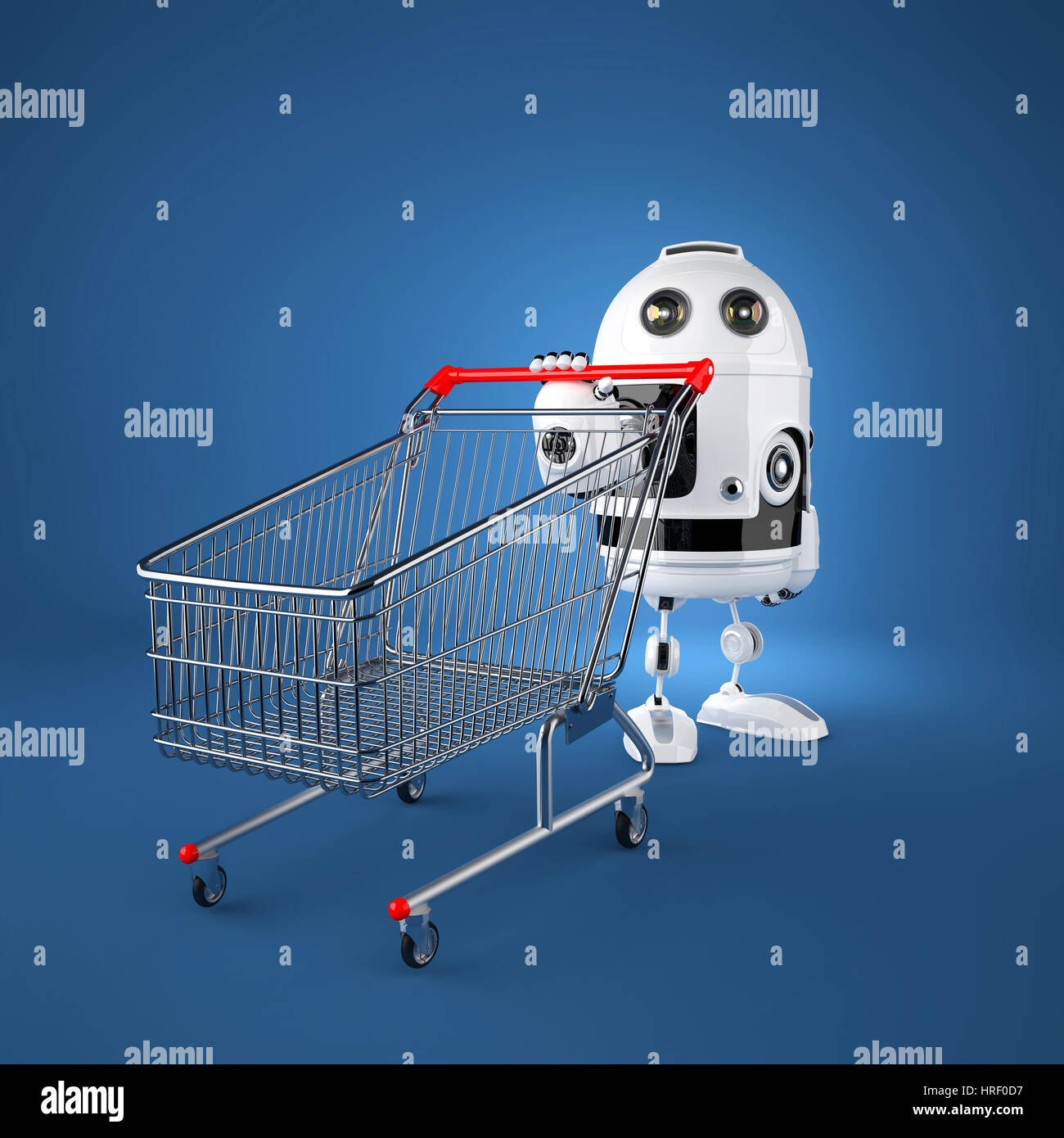 Android robot with shopping cart. Rendered over blue background Stock ...