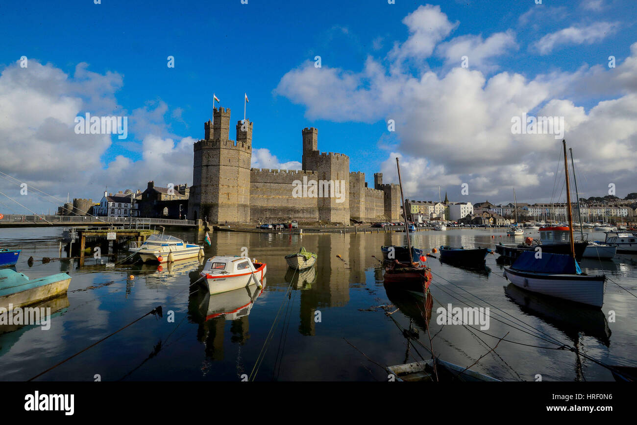 General view of Caernarfon Castle, North Wales on St David's Day Stock ...
