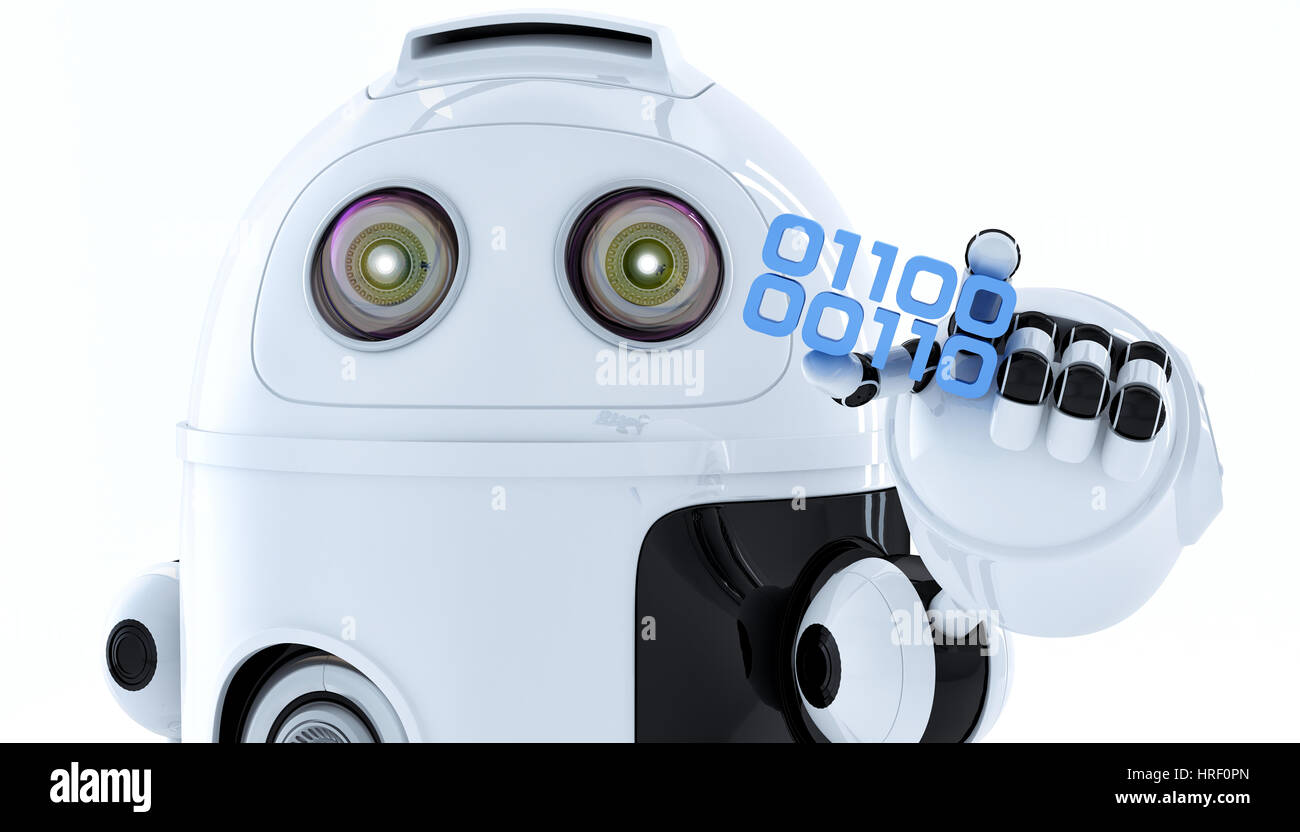 Android robot holding piece of binary code. Software development ...