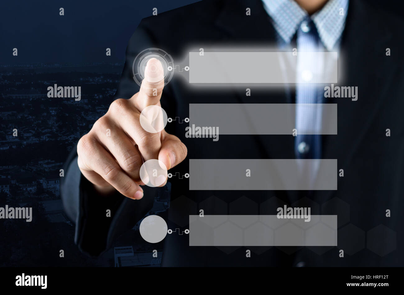 Hand of a business man pointing on transparent screen choosing the top ...