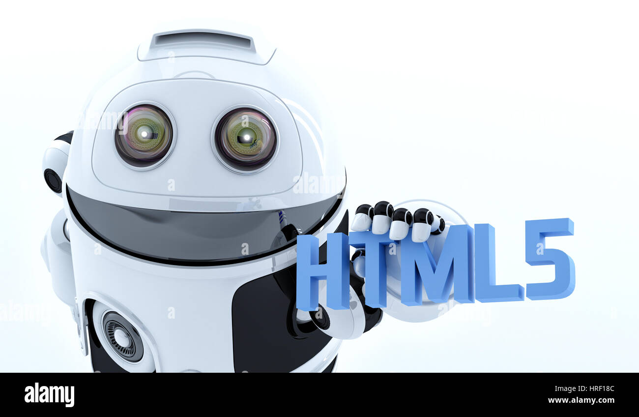 Robot android holding html5 sign. Rendered on white background Stock ...