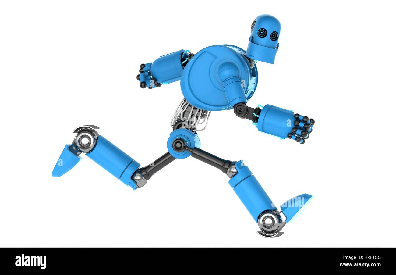 Running blue robot. Isolated on white Stock Photo - Alamy