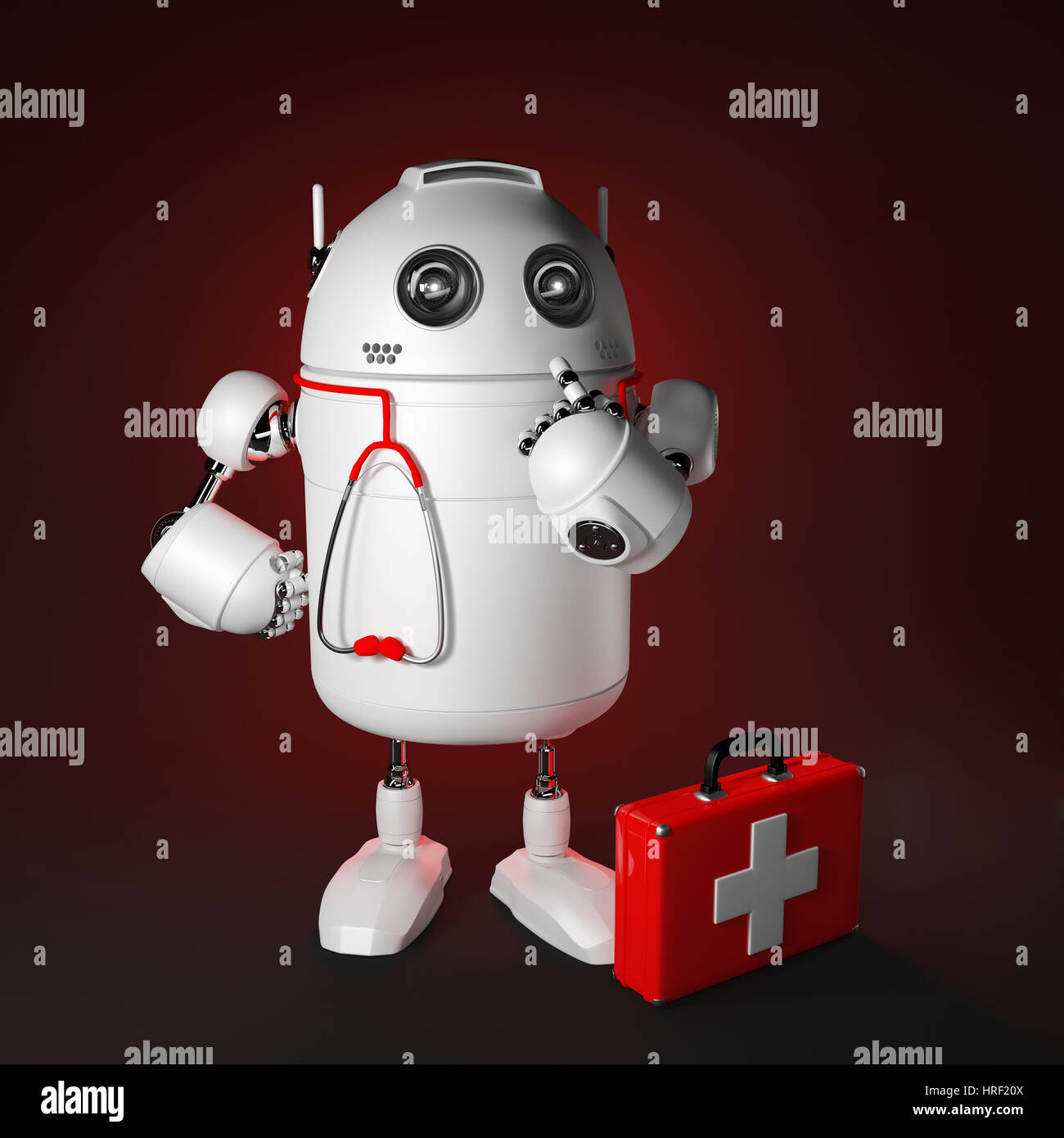 Robot Medic. Computer repair concept. Rendered over dark background ...