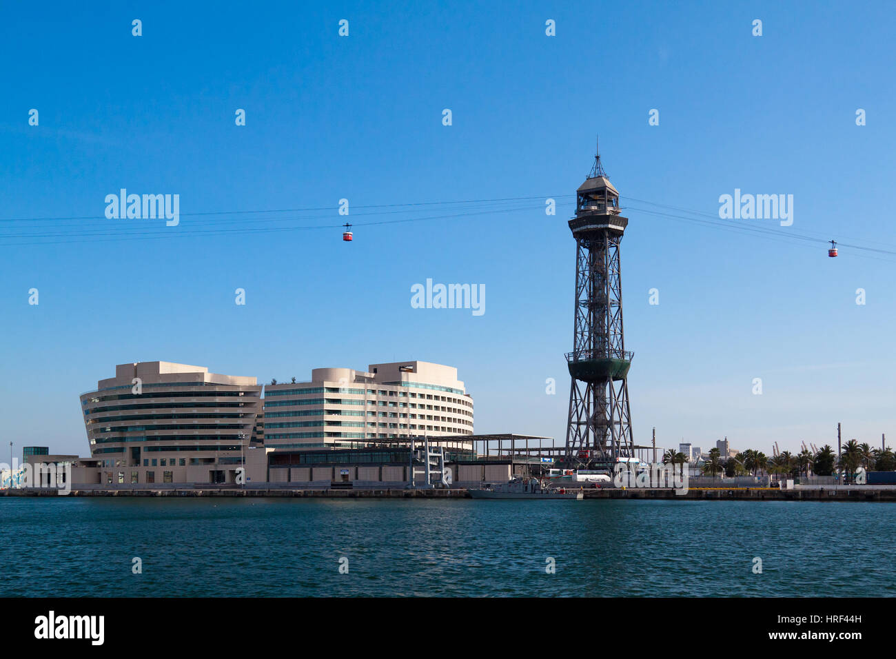 Cableway tower in old port in Barcelona Stock Photo - Alamy