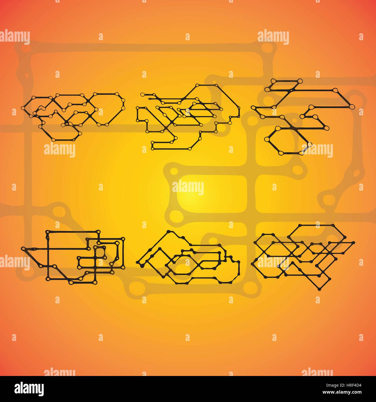 Set of six Mechanical schemes, vector engineering drawing with ...