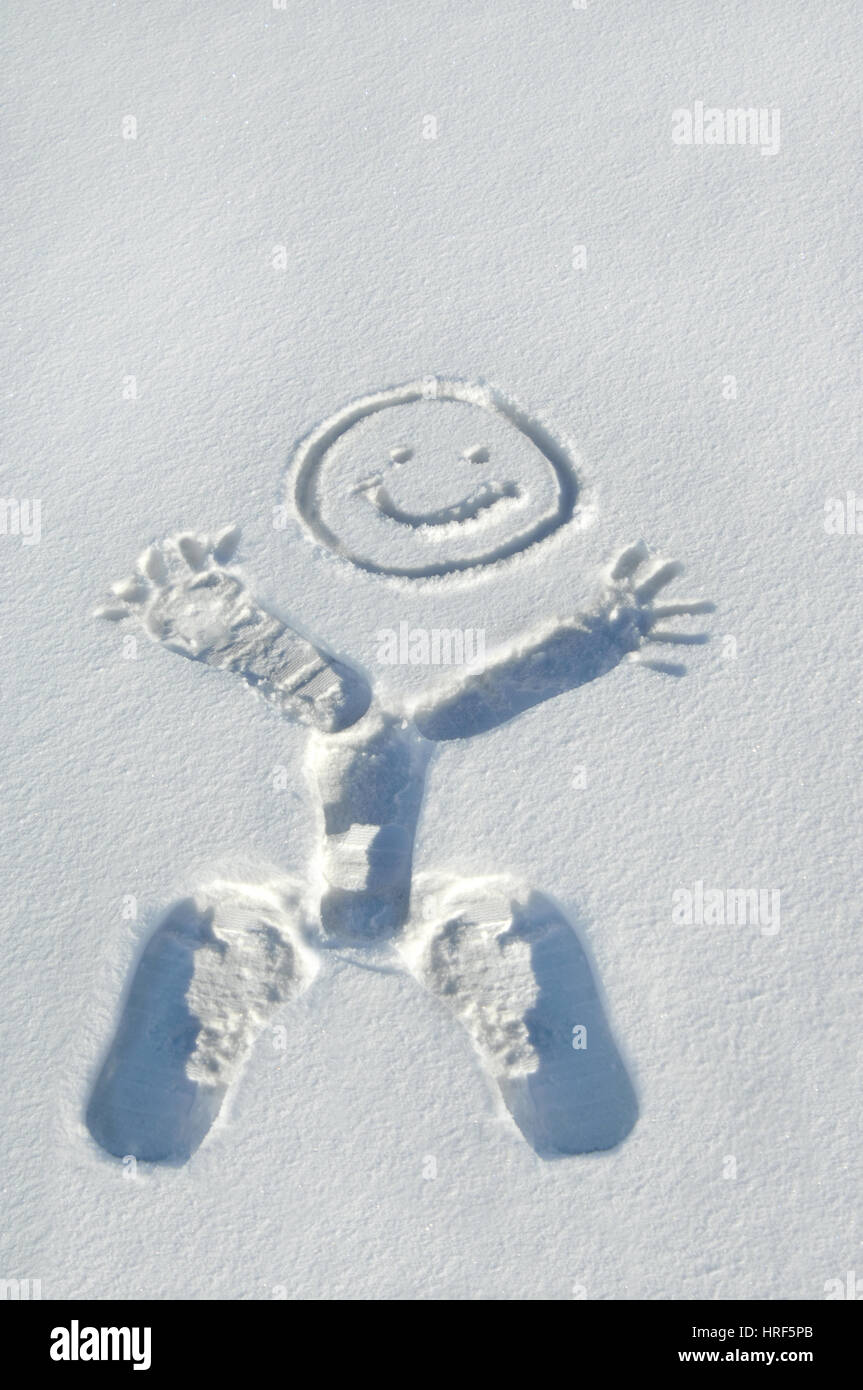 Footprints form body, hands and legs of this smiling, happy man in the ...