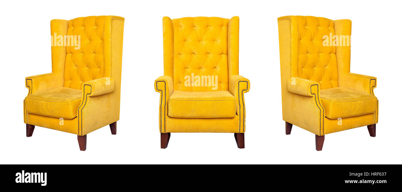 Textile classic yellow chair isolated on white background. View from ...
