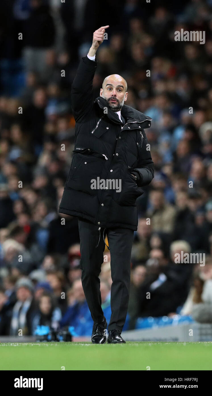Manchester City manager Pep Guardiola gestures on the touchline during ...