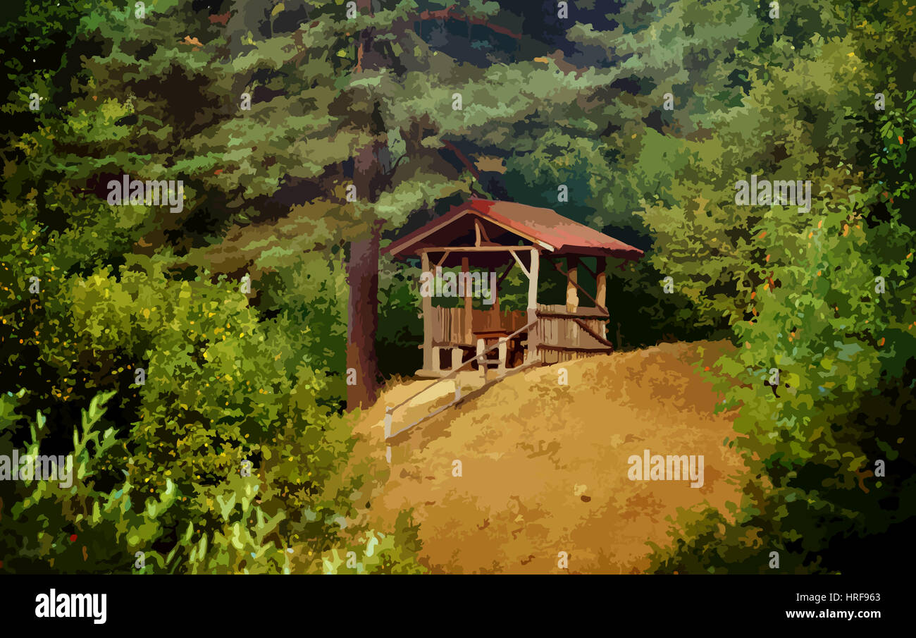 watercolor painting of green woods and small resting cabin, spring time ...