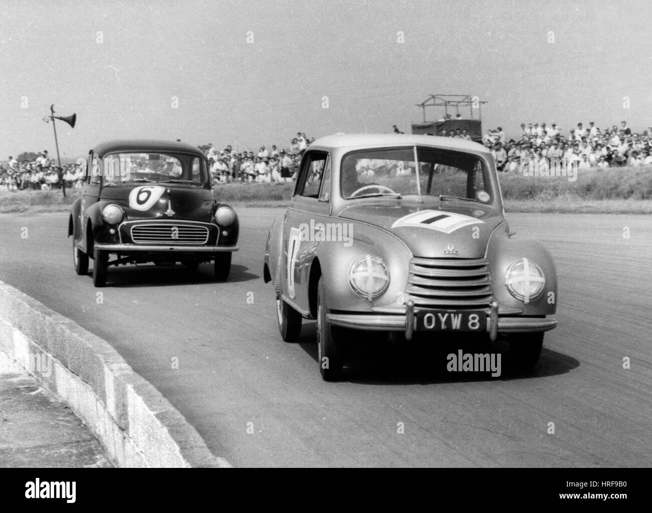 Auto-Union DKW racing with Morris Minor at Silverstone 1958 Stock Photo ...