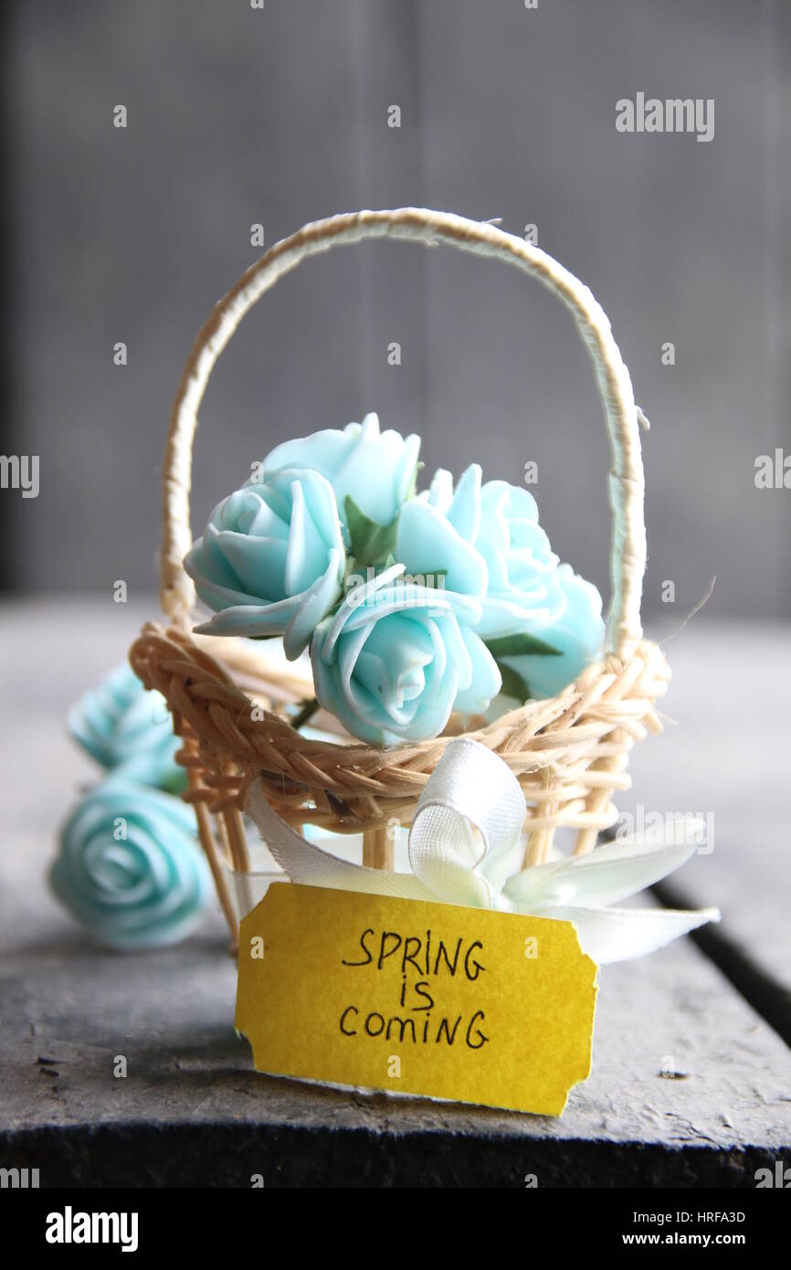 Spring is coming Beautiful bouquet of blue flowers in basket and tag ...