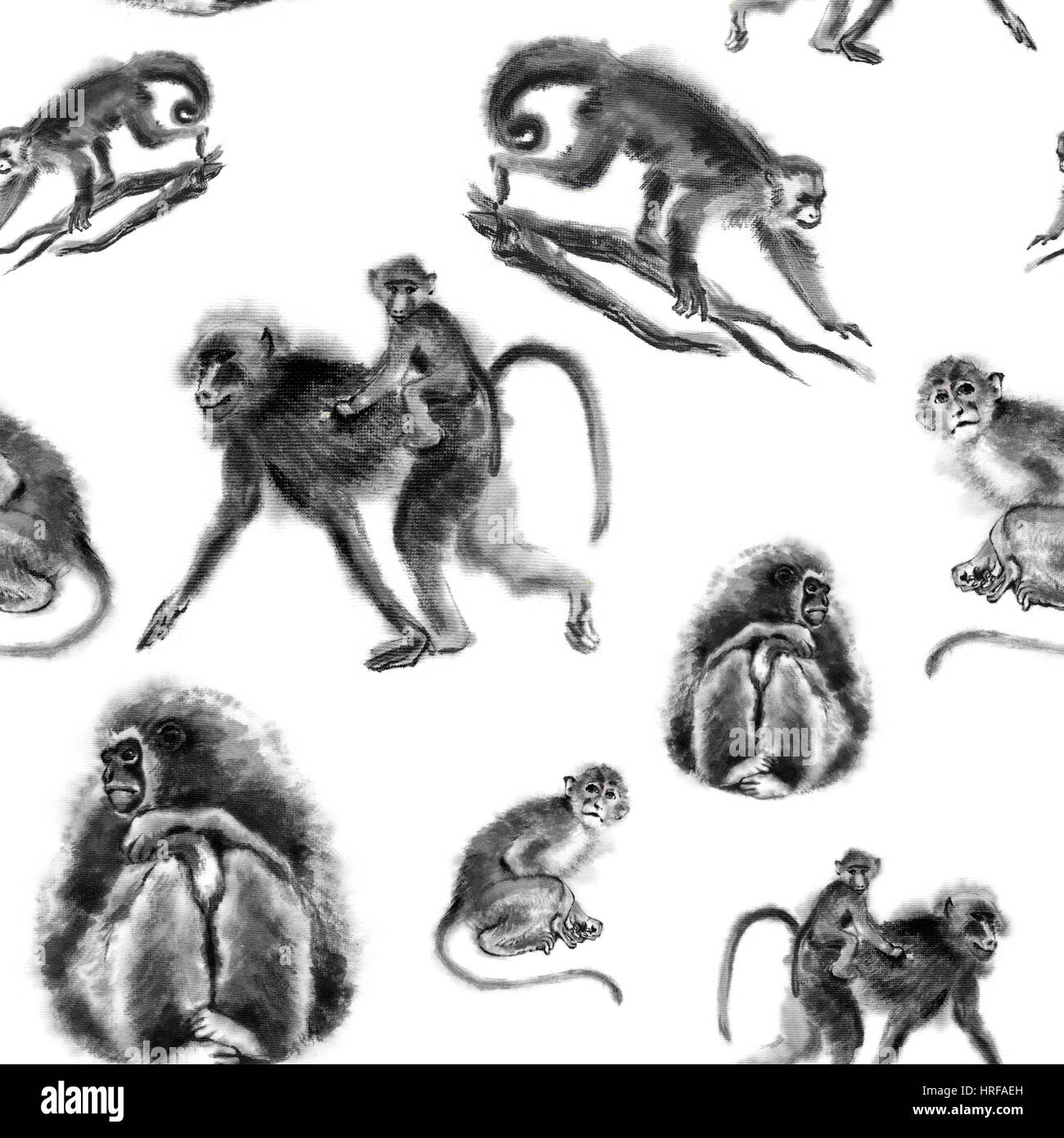 Seamless background texture with 4 images of monkeys, oriental ink ...