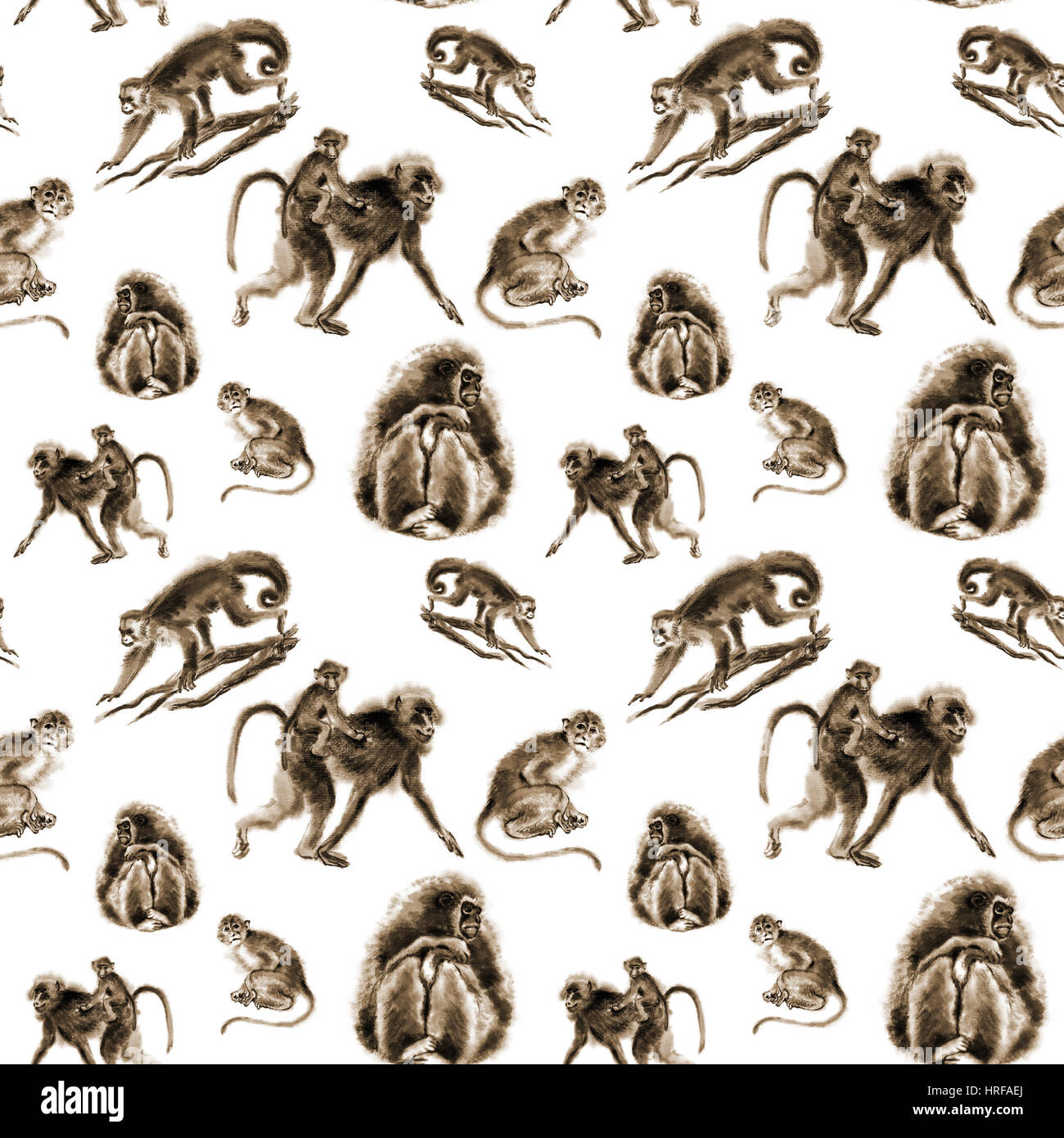 Seamless background texture with 4 images of monkeys, oriental ink ...