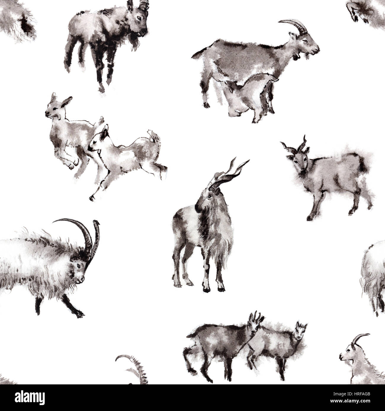 Seamless background texture with 8 images of goats, oriental ink ...