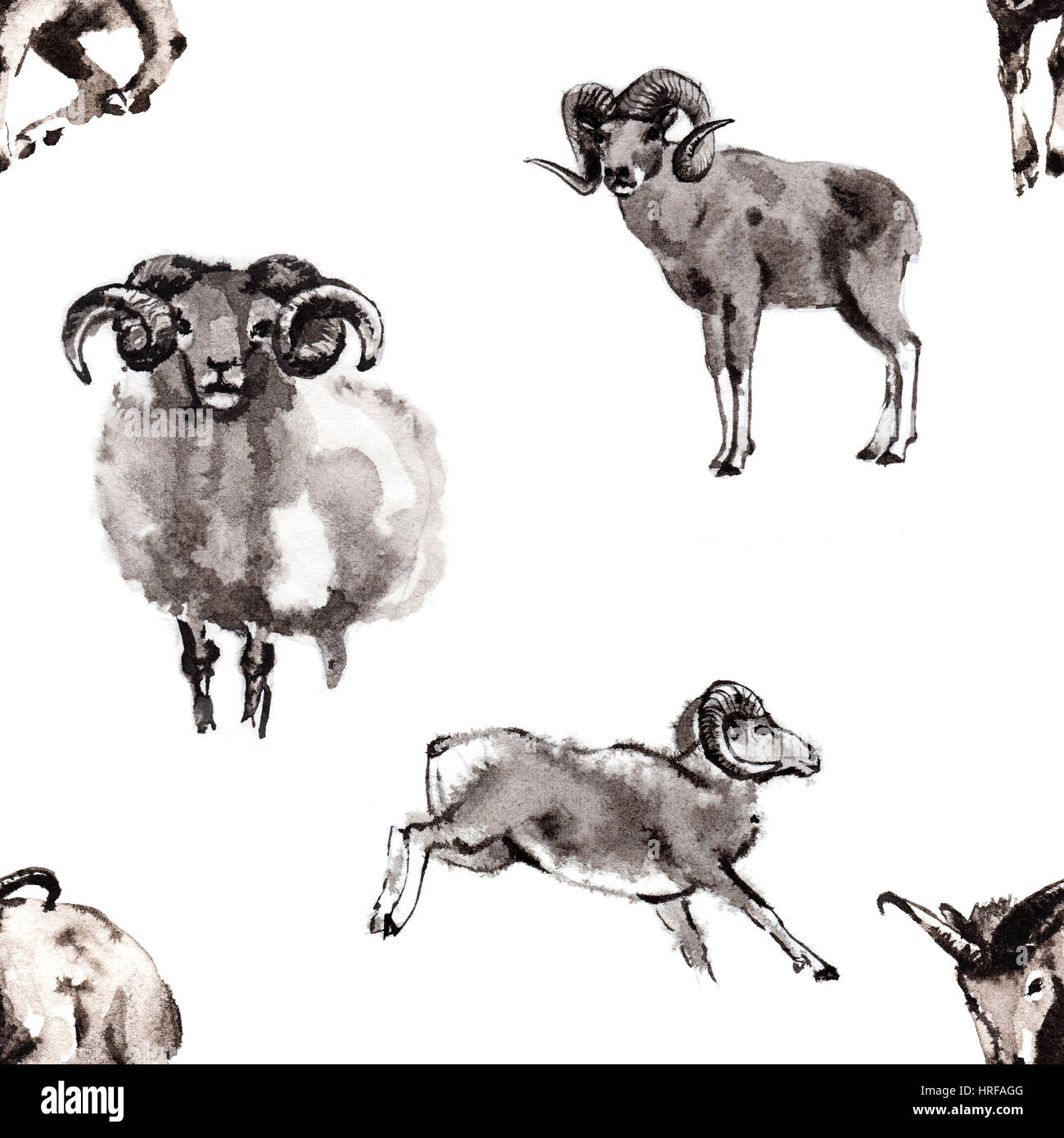 Seamless background texture with 4 images of rams, oriental ink ...